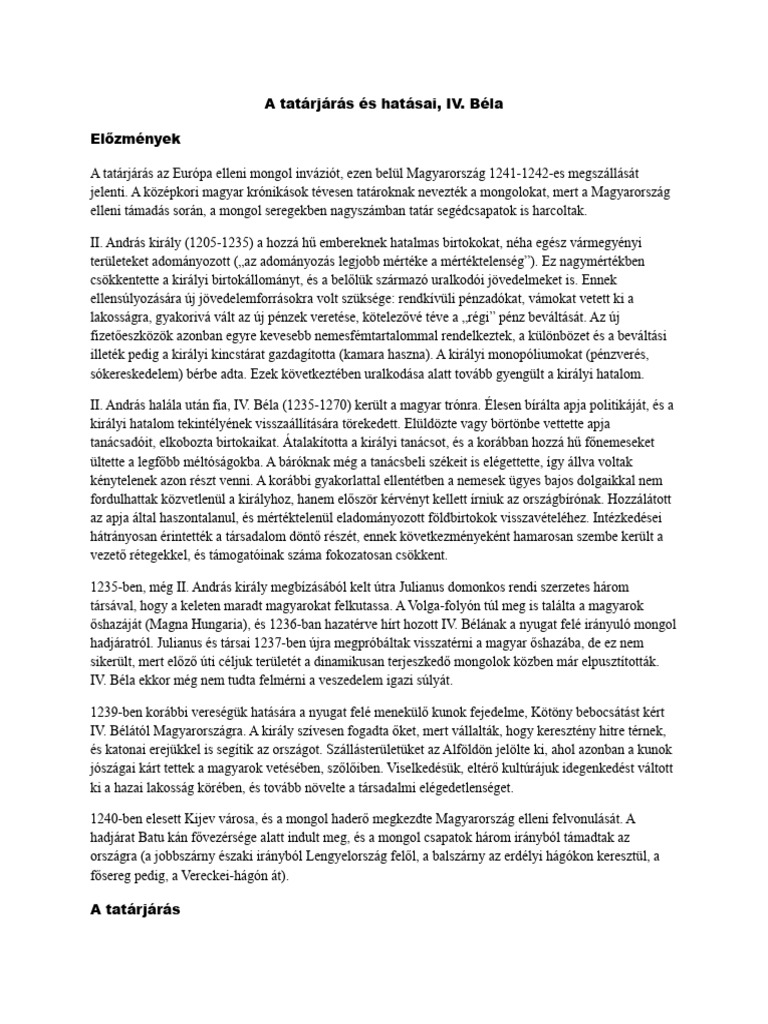 Tatárjárás És Hatásai, IV. Béla Idején | PDF