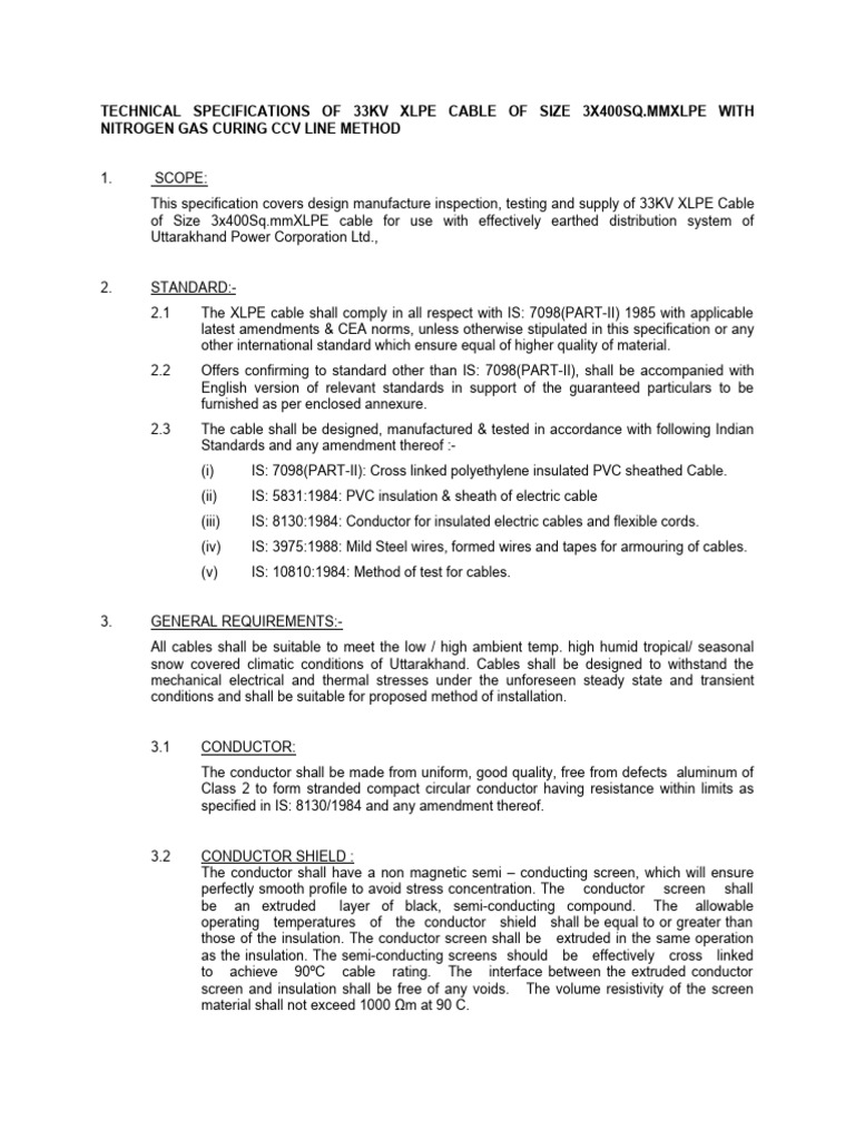 33kV XLPE Cable Technical Specifications | PDF | Insulator (Electricity ...