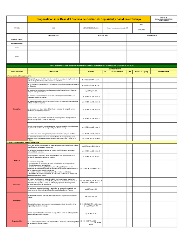 Diagnóstico Linea Base SST - 2024 | Descargar gratis PDF | Seguridad y salud ocupacional | Valores