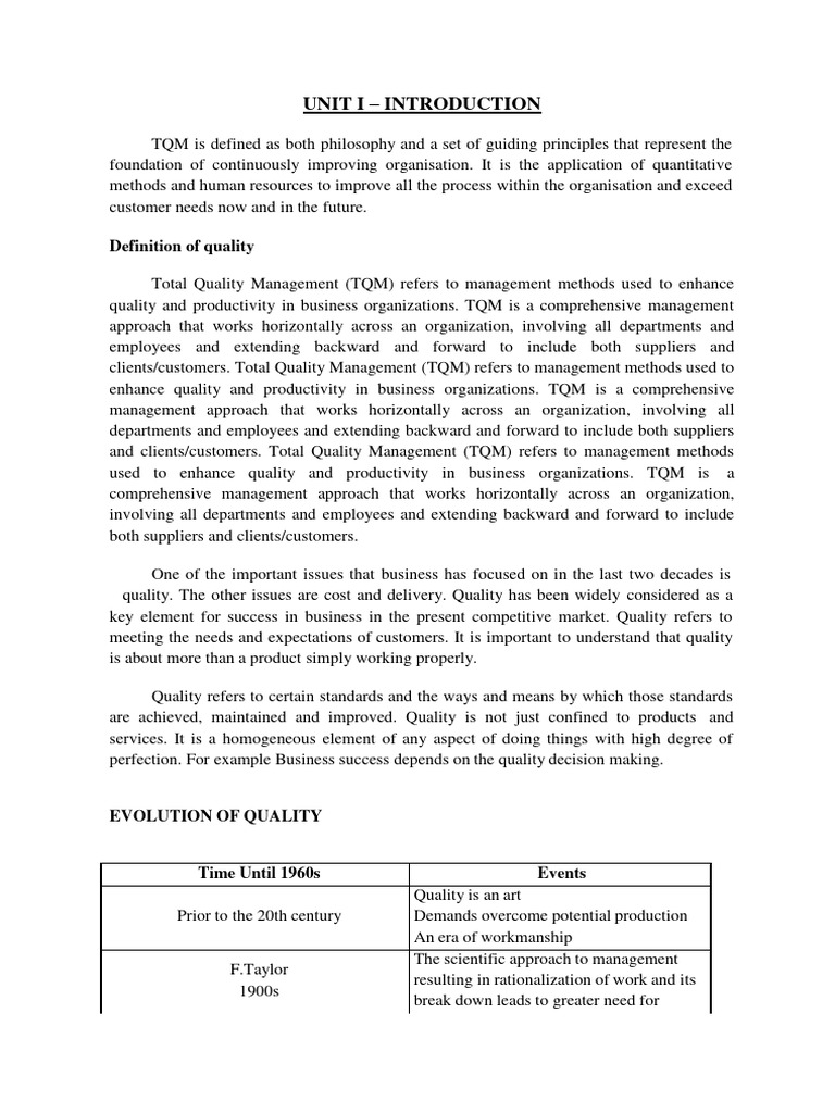 TQM UNIT I | Download Free PDF | Quality (Business) | Quality Management