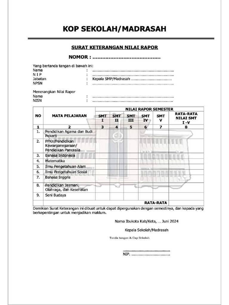 Surat Keterangan Nilai Rapor | PDF