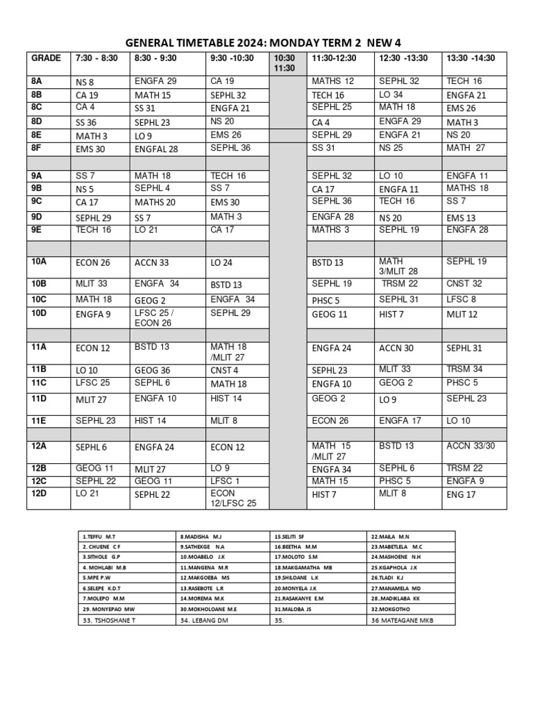 Term 2 Timetable 2024 Overview | PDF