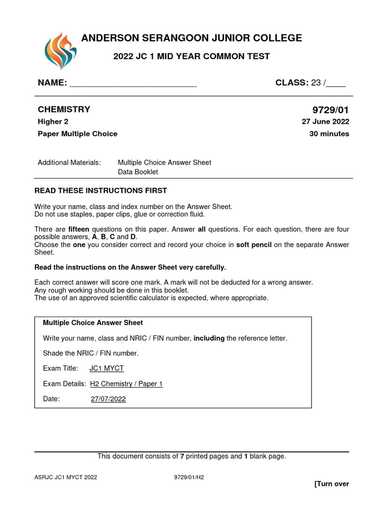 ASRJC 2022 J1MYCT H2Chem P1 Question Paper | PDF | Gases | Isotope