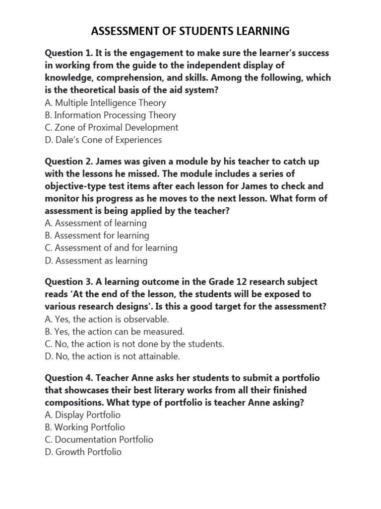 ASSESSMENT OF STUDENTS LEARNING 1 | PDF | Educational Assessment ...