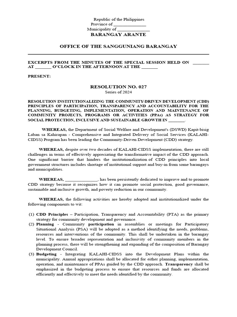 Resolution For Kalahi Cidss Community Driven Development Cdd 0951