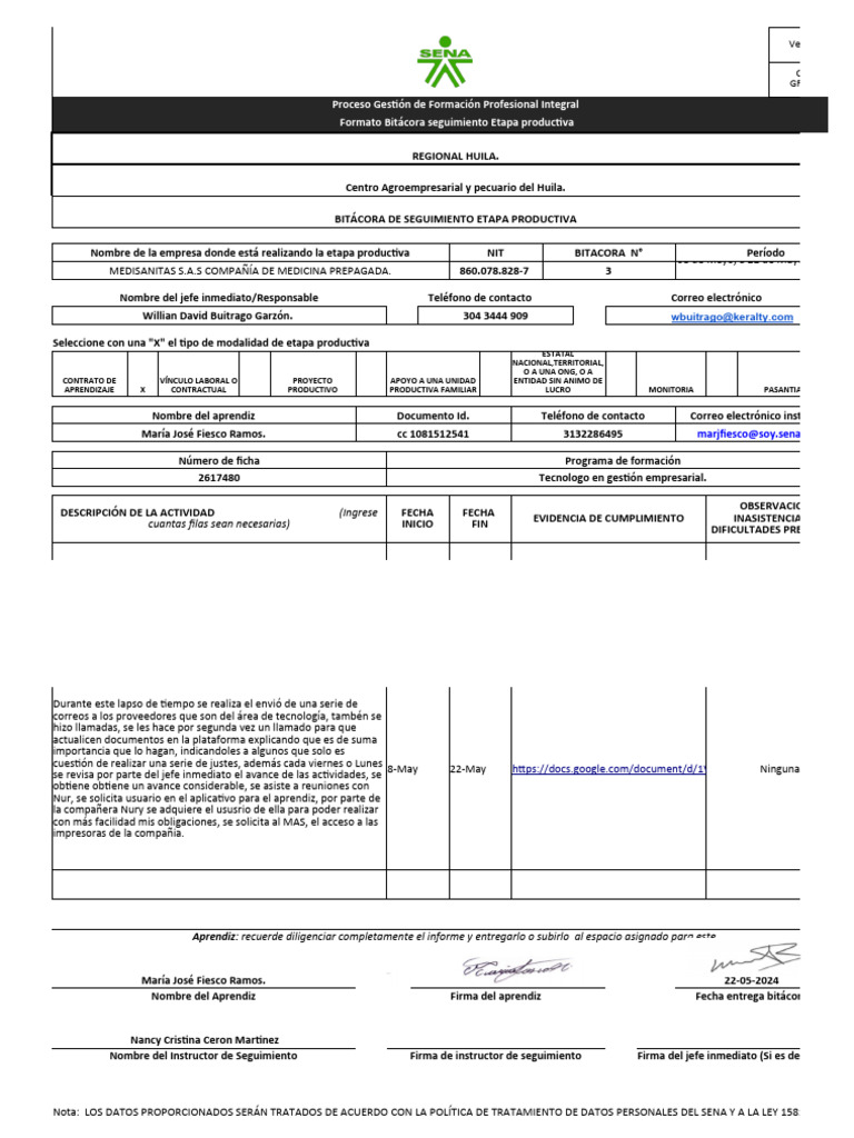 GFPI-F-147 V3-Formato - Bitacora - Et - Productiva, Tercera Entrega María Fiesco. Dañado | PDF