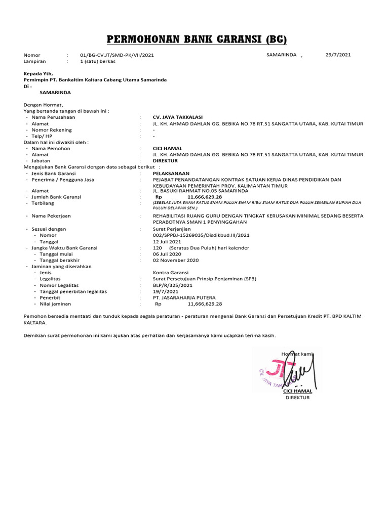 Permohonan Bank Garansi CV. Jaya Takkalasi-2 | PDF