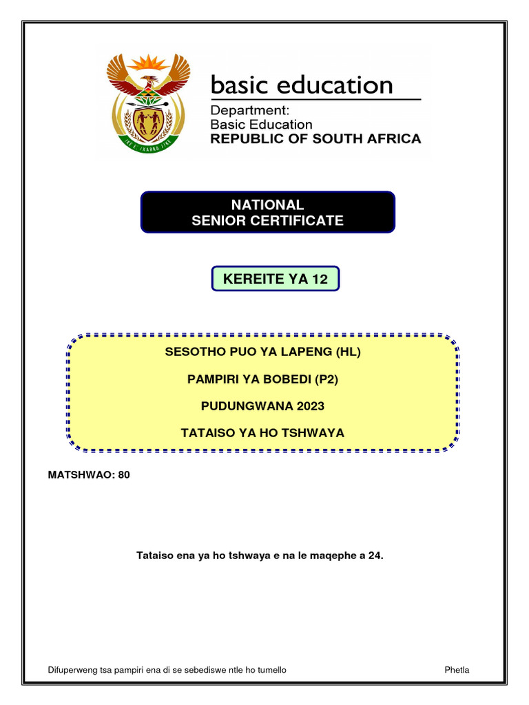 Sesotho P2 Examination Guidelines 2023 | PDF