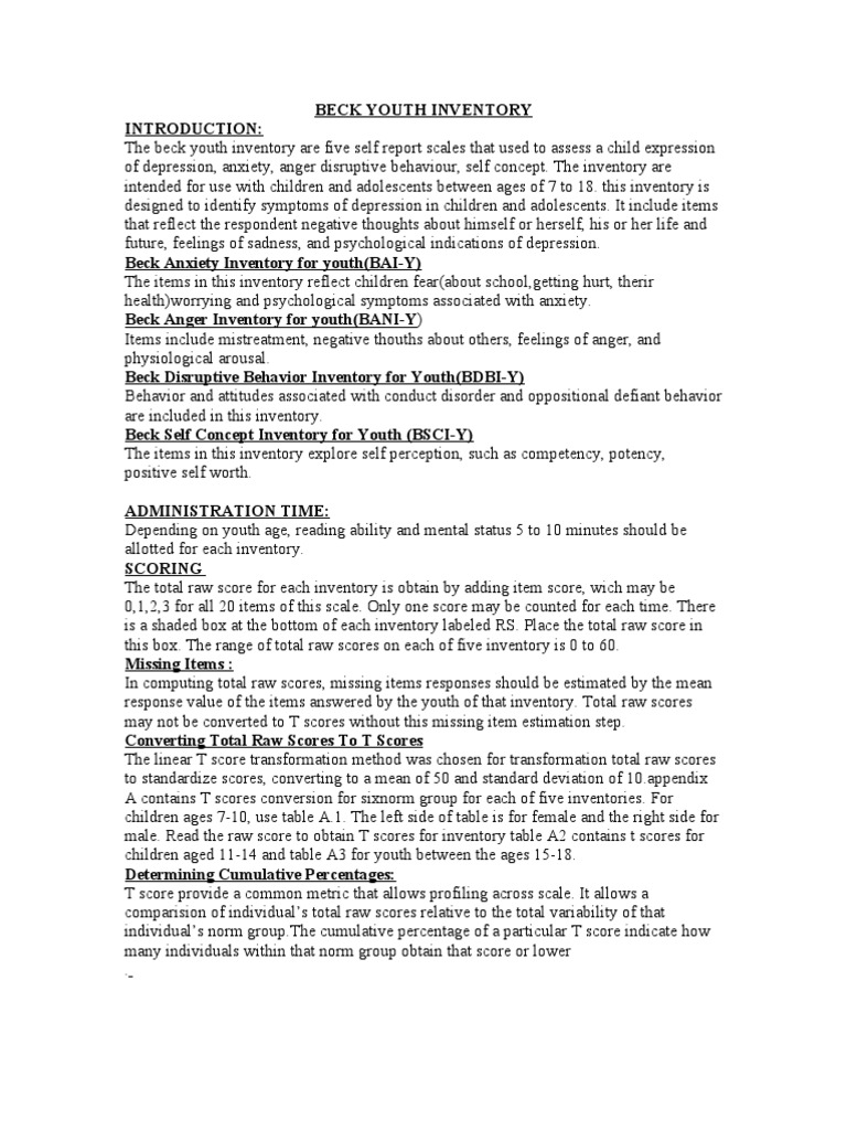 Beck Youth Inventory | PDF | Depression (Mood) | Anxiety