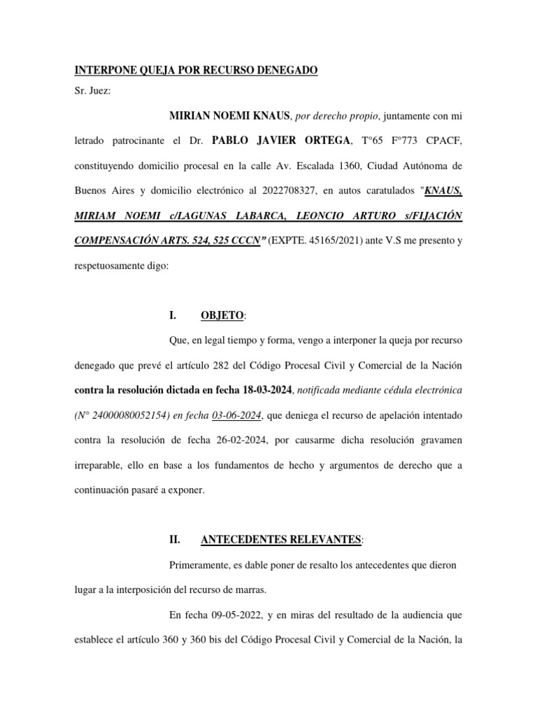 Interpone Queja Por Recurso Denegado | PDF | Apelación | Ley procesal