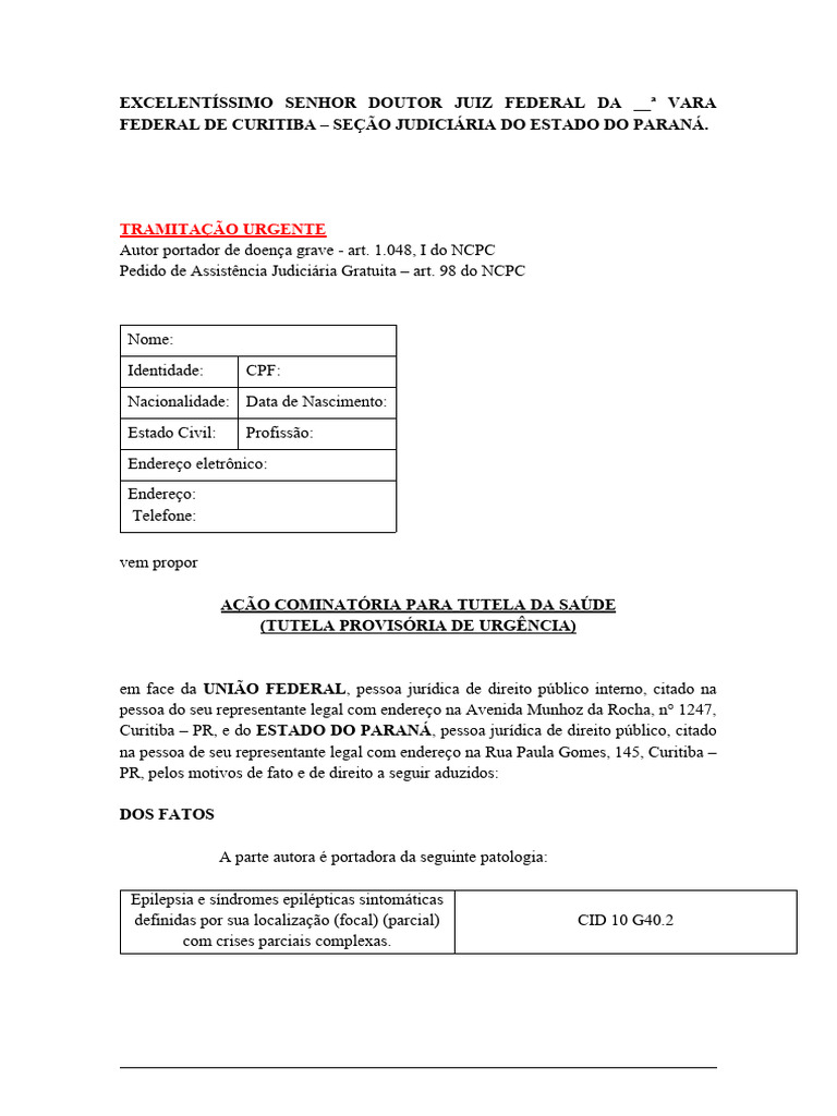 Peticao Inicial - CANABIDIOL - AÇÃO COMINATÓRIA PARA TUTELA DA SAÚDE ...