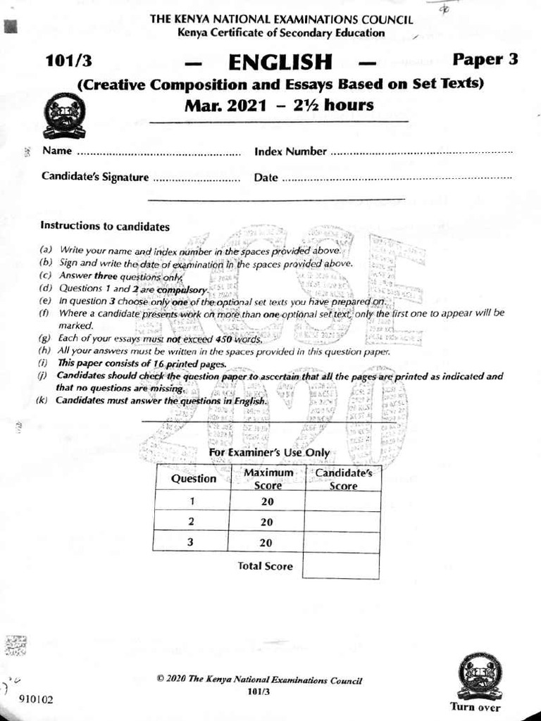 English Paper 3 Marking Scheme KCSE 2020 Teacher - Ac - PDF | PDF