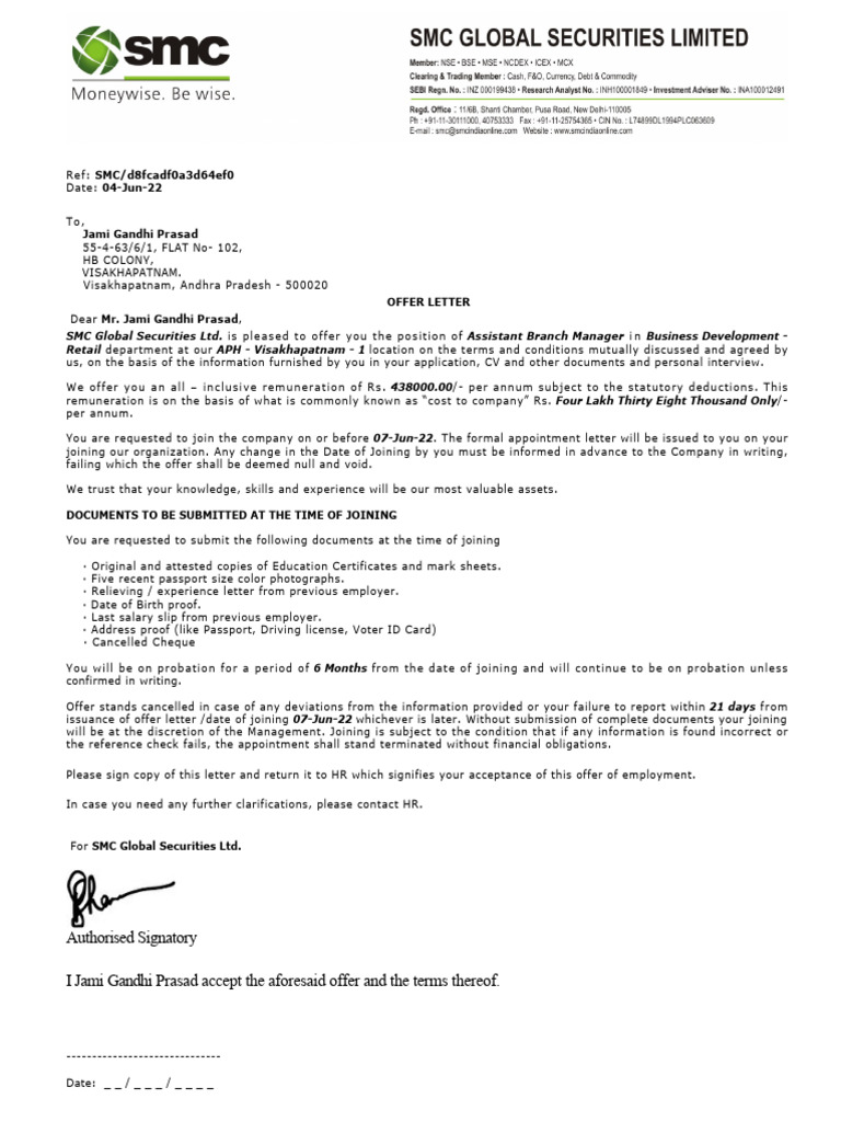 Gandhi Prasad - SMC Offer Letter | PDF
