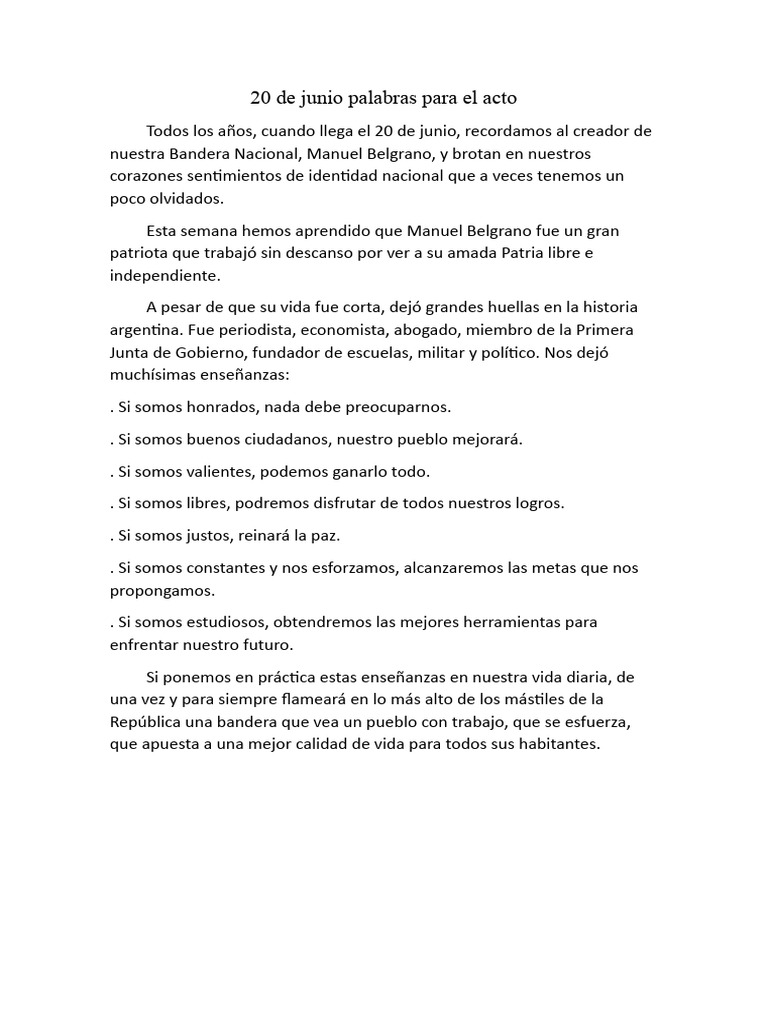 acto 20 de junio palabras alusivas | PDF