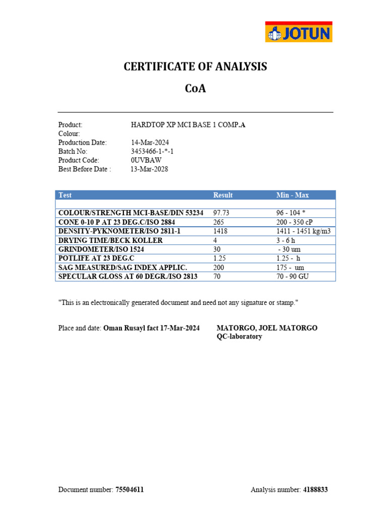 Certificate of Analysis Coa: Test Result Min - Max | PDF