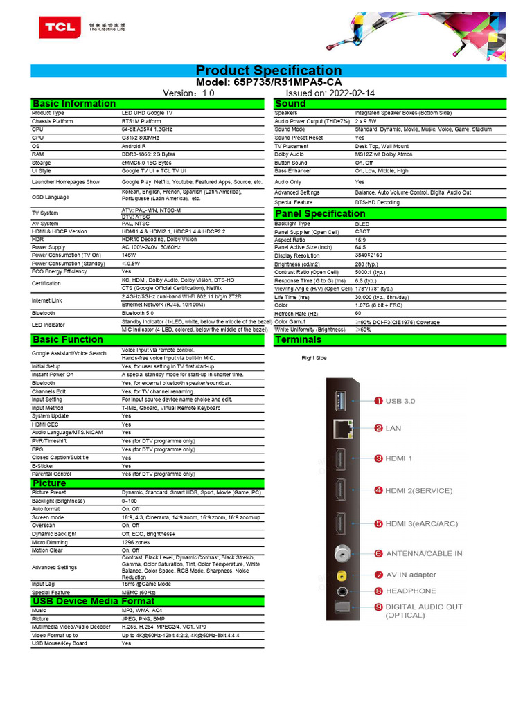 65P735 R51MPA5-CA Product Specification V1.0 For KR | PDF | Hdmi | Google Play