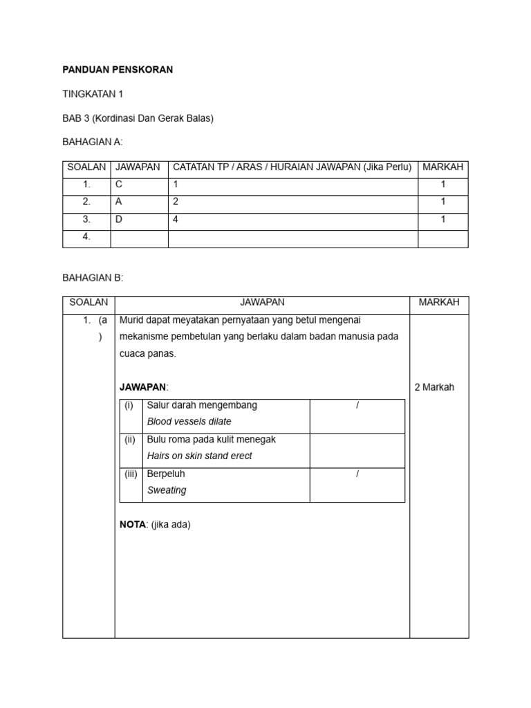 Panduan Penskoran Bab 3 Kordinasi Dan Gerak Balas | PDF