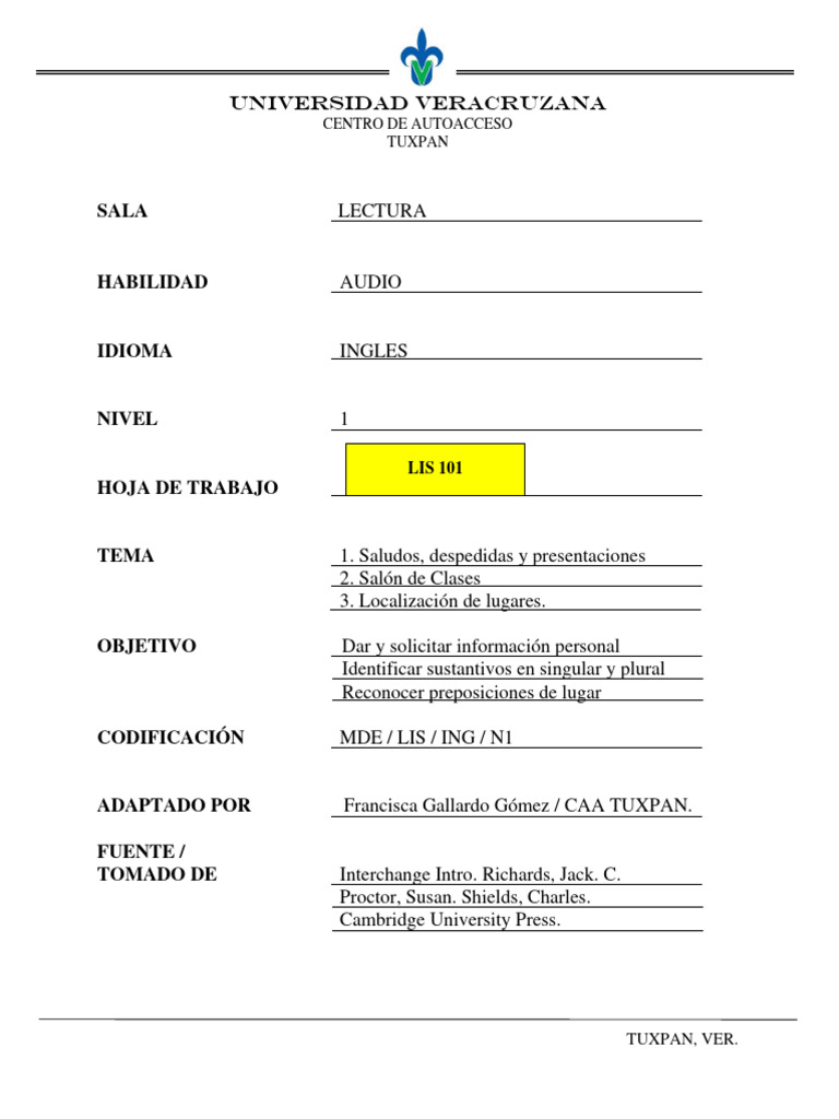 Lengua 1 Lis 101 Hoja de Trabajo | PDF