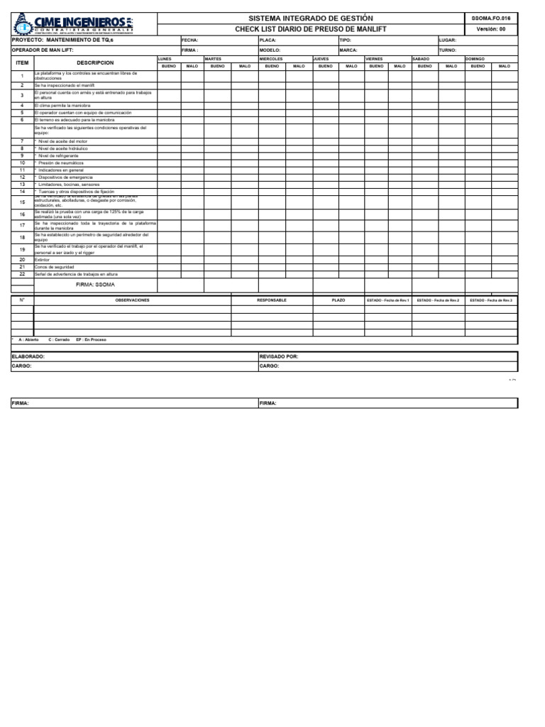 Ssoma - Fo.016 Check List de Preuso Diario de Man Lift V00 | PDF Ssoma - Fo.016 Check List de Preuso Diario de Man Lift V00 | PDF
