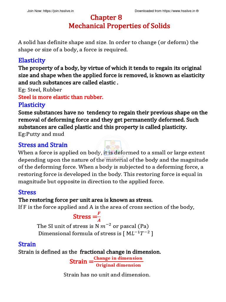 Hsslive - Plus One Chapter 8 - 2024 | PDF | Deformation (Engineering) | Elasticity (Physics)