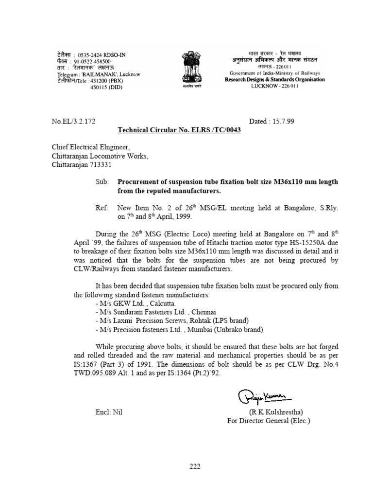 Procurement of M36x110 Bolts for CLW | PDF | Screw | Locomotives