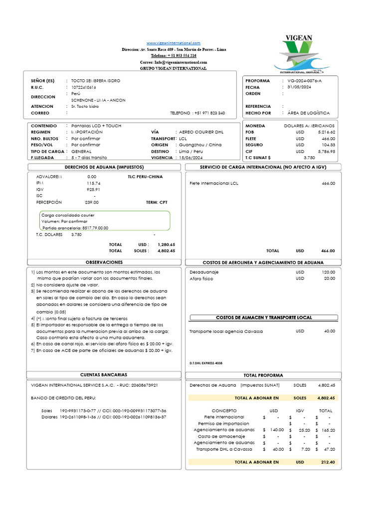 Proforma Vg-2024-0076-Ac | PDF | aduana | Arancel