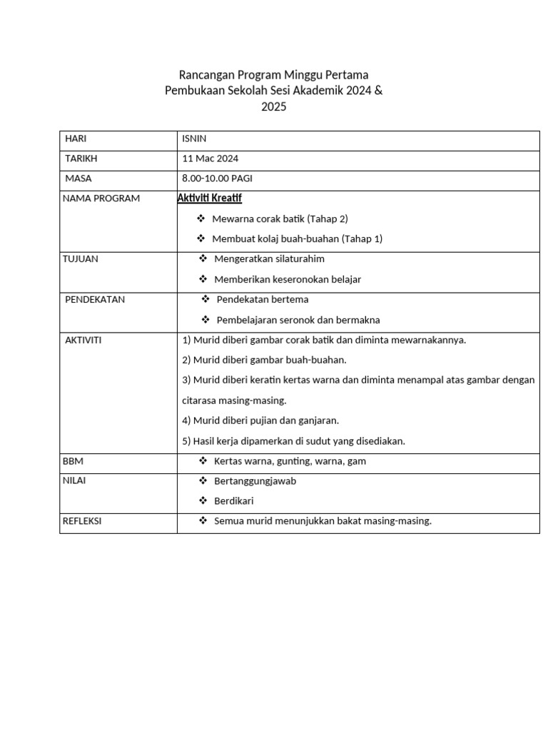 Rancangan Program Minggu Pertama | PDF