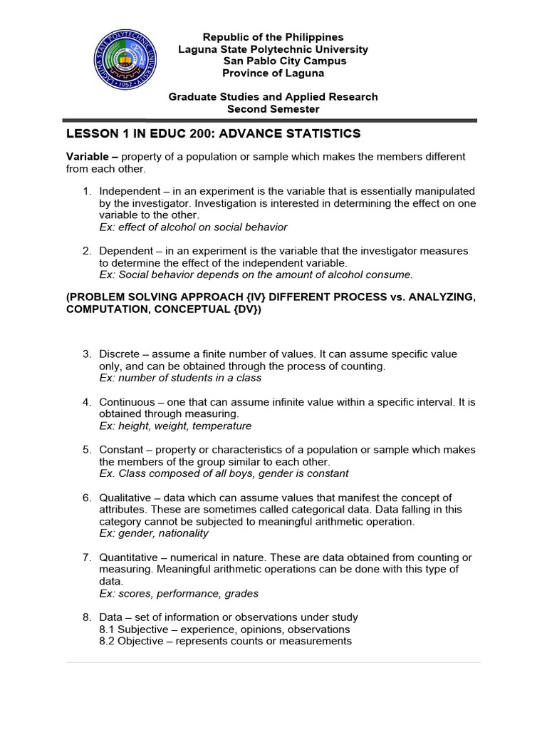 Lesson 1 in Educ 200 - Advance Statistics | Download Free PDF | Statistics | Learning