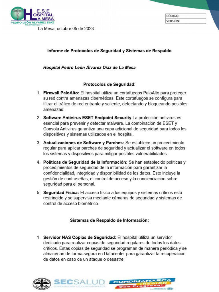 Informe de Protocolos de Seguridad y Sistemas de Respaldo Hospital La Mesa | PDF | Seguridad ...