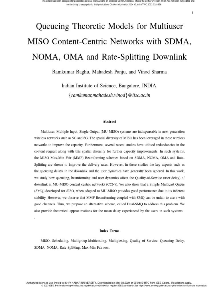 Queueing Theoretic Models For Multiuser MISO Content-Centric Networks With SDMA NOMA OMA and ...