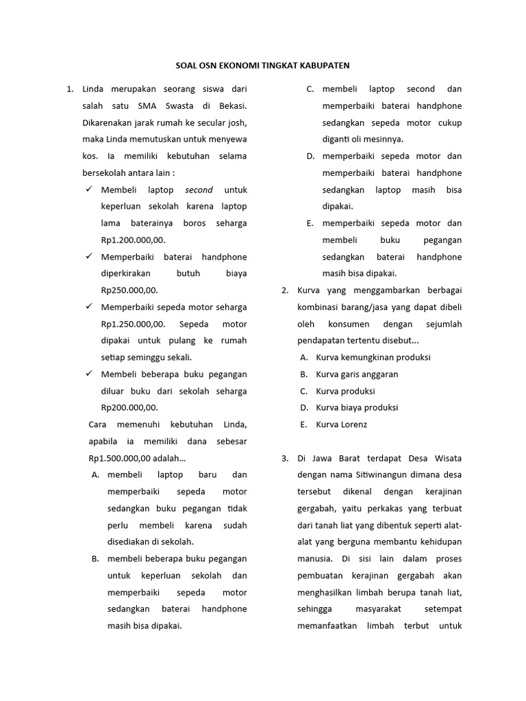 Soal Osn Ekonomi Tingkat Kabupaten | PDF