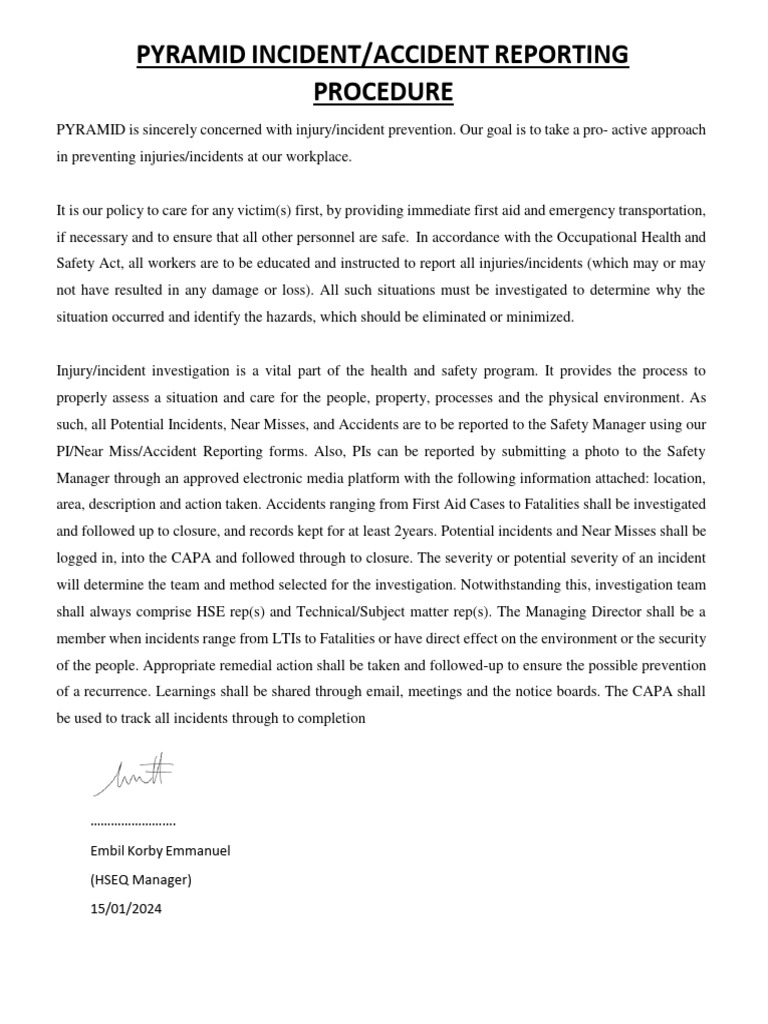 Pyramid HSE Incident Reporting Procedure | PDF