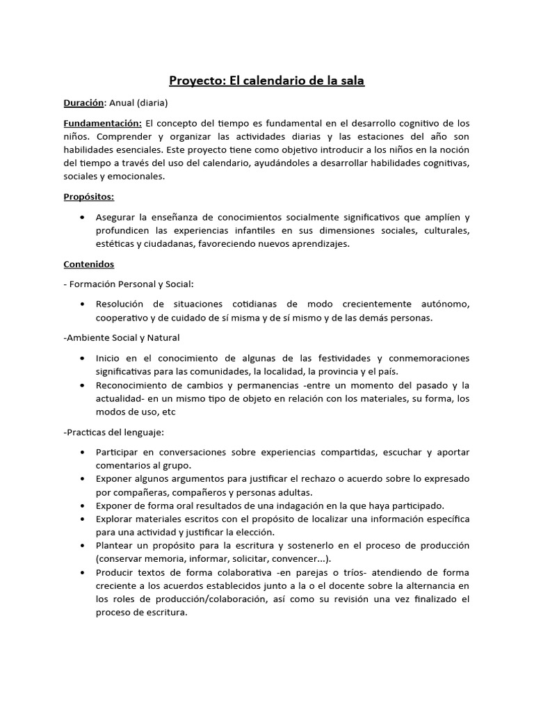 Proyecto Anual "El Calendario en La Sala" | PDF | Calendario | Cognición