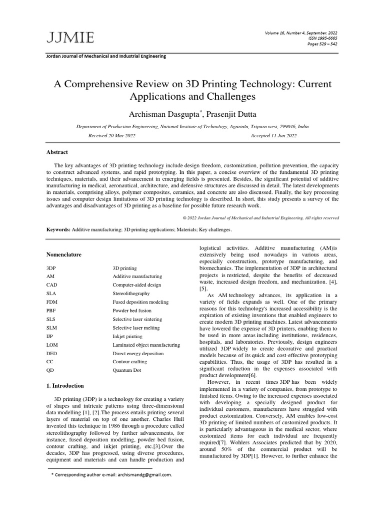 Jjmie: A Comprehensive Review On 3D Printing Technology: Current ...