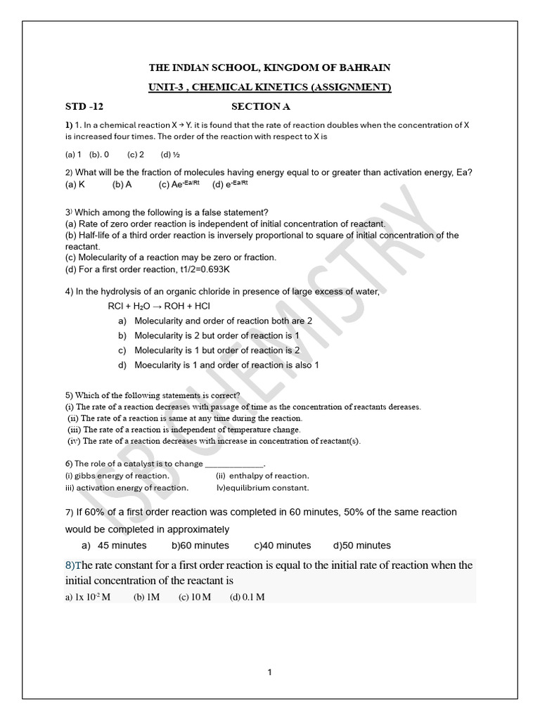 Unit 4 Chemical Kinetics Assignment | PDF | Reaction Rate | Reaction Rate Constant