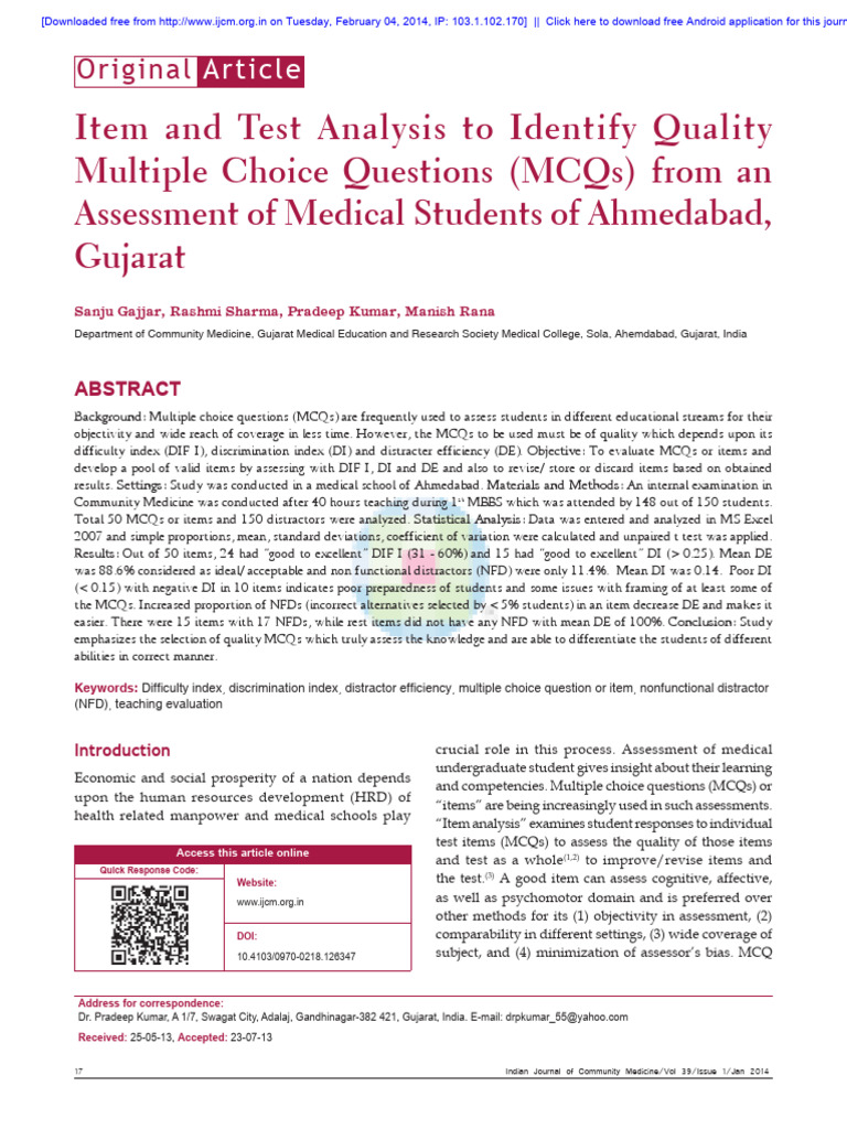 Item and Test Analysis To Identify Quality Multiple Choice Questions ...