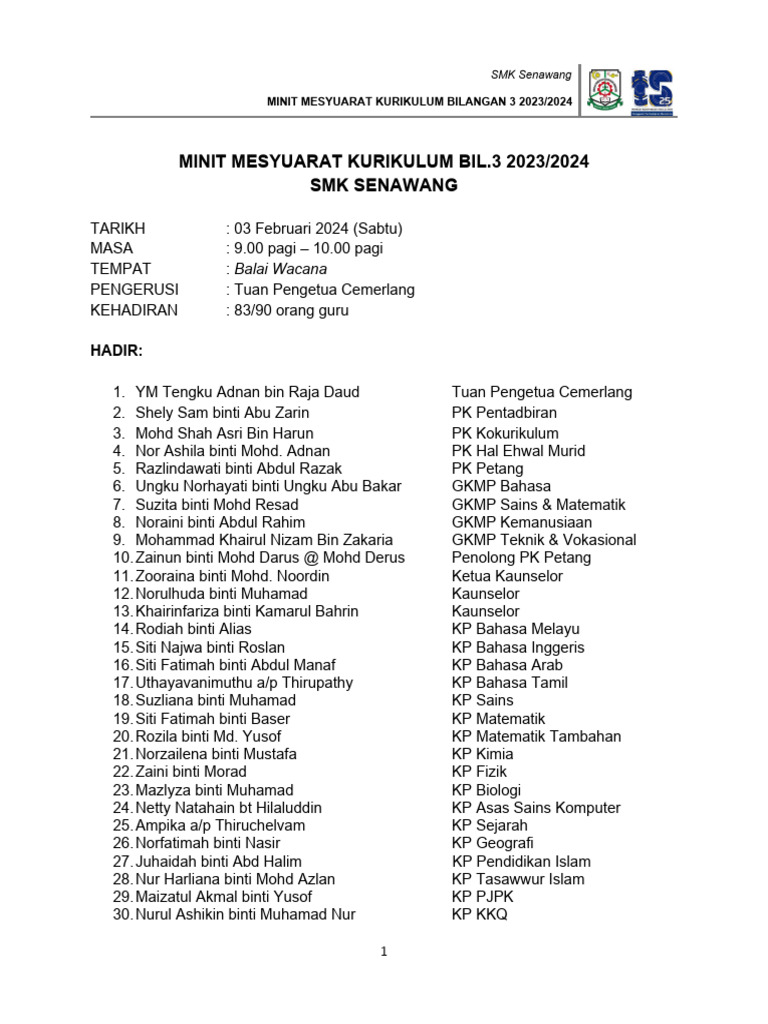 Minit Mesyuarat Kurikulum bil.3.202324-edited 7.14pm | PDF