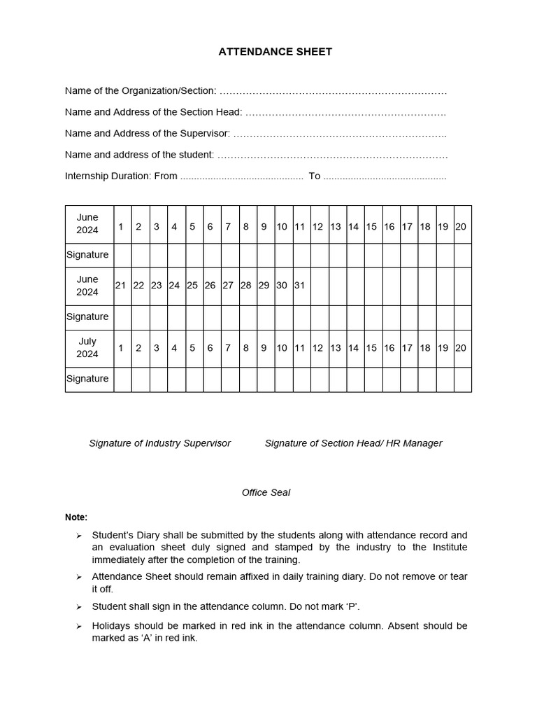 Internship Attendance & Comment Format | PDF | Behavior Modification | Learning