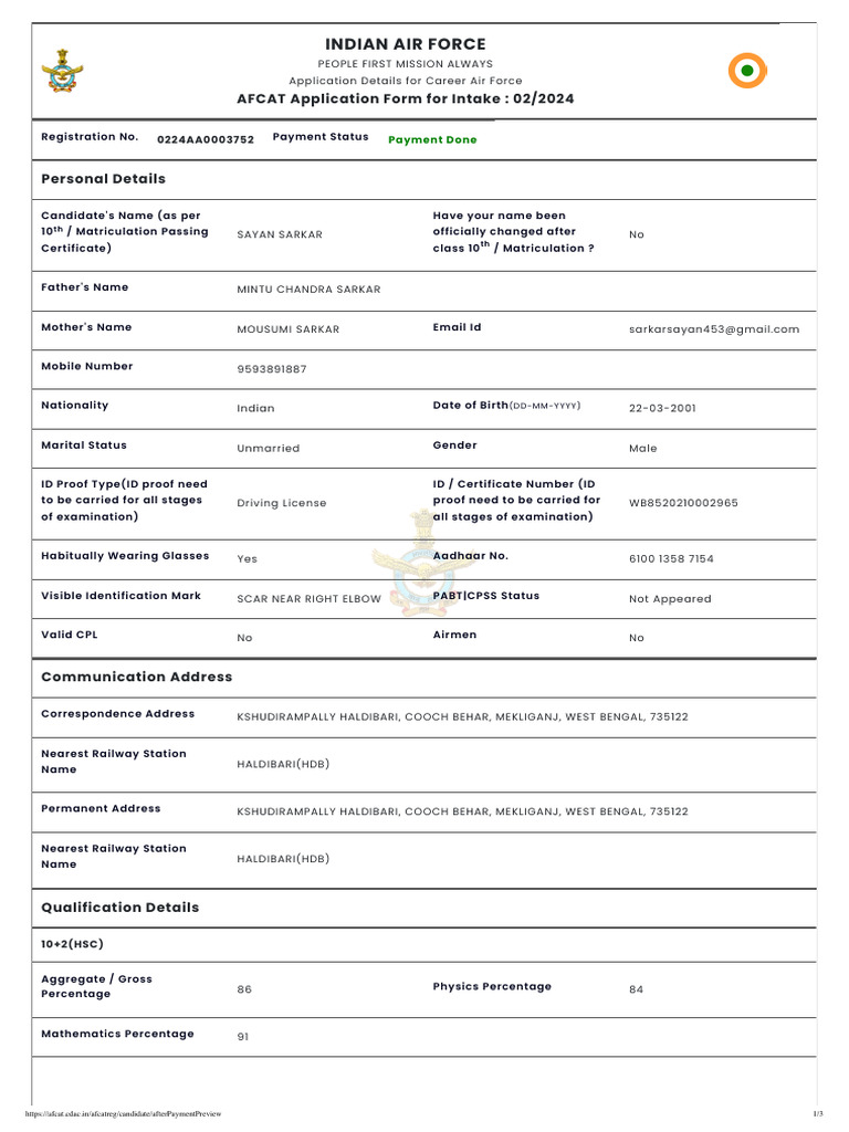 AFCAT App Form | PDF