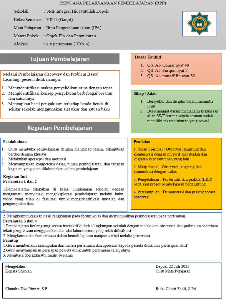 RPP - Objek IPA Dan Pengukuran - Kelas VII 2023 | PDF