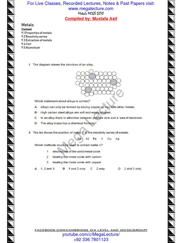 Metals MCQS | PDF | Chemical Substances | Physical Sciences Metals MCQS | PDF | Chemical Substances | Physical Sciences