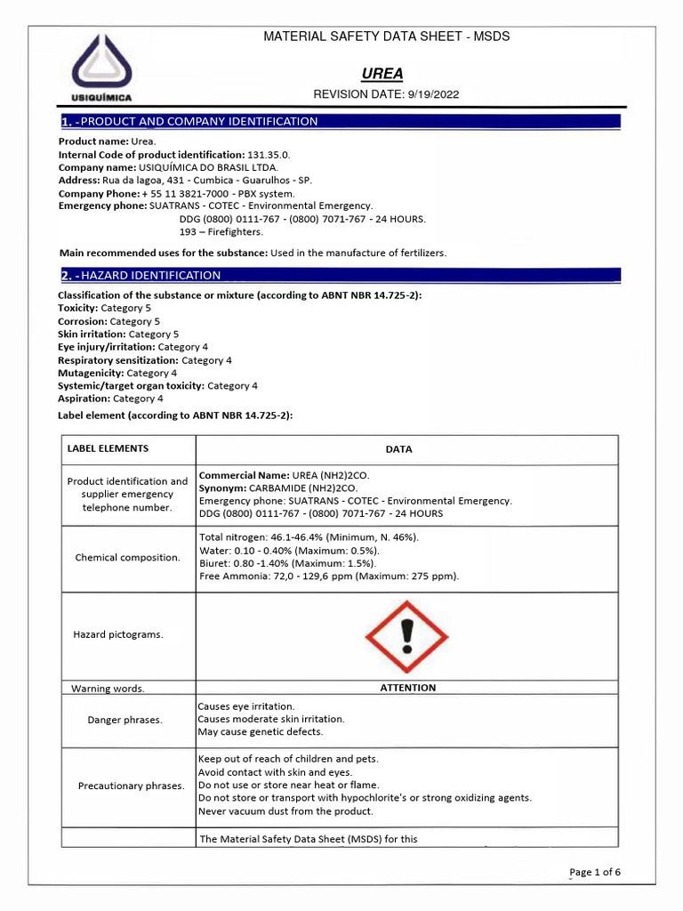 Urea Safety Data Sheet Overview | PDF | Urea | Toxicity