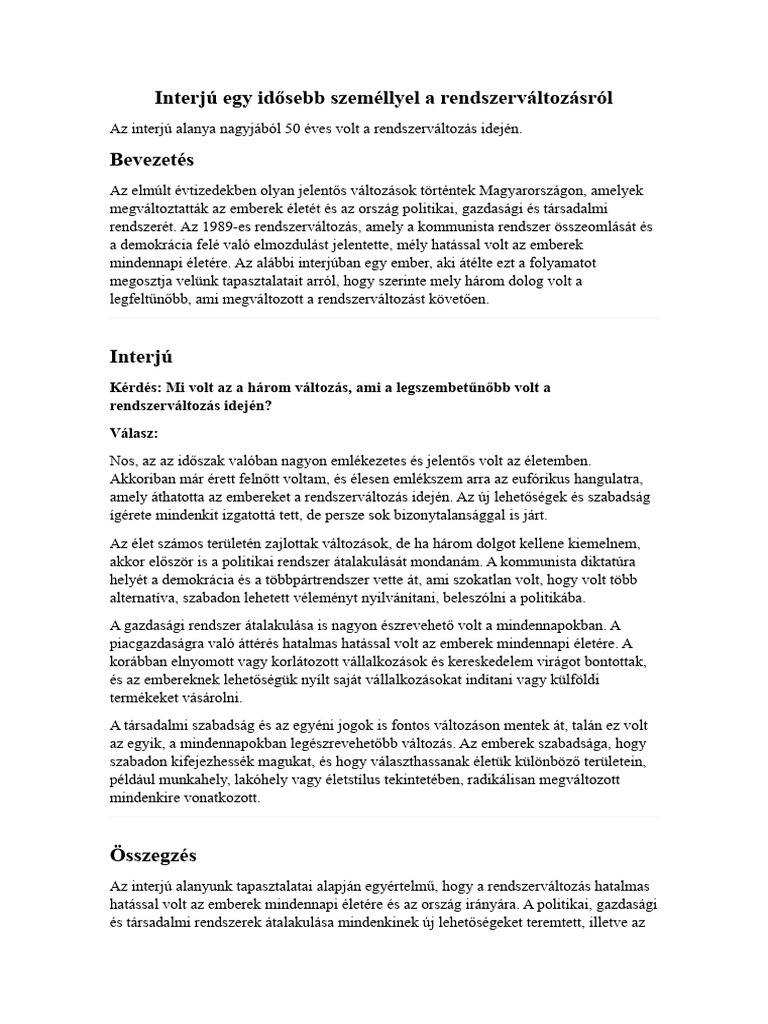Interjú Egy Idősebb Személlyel A Rendszerváltozásról | PDF