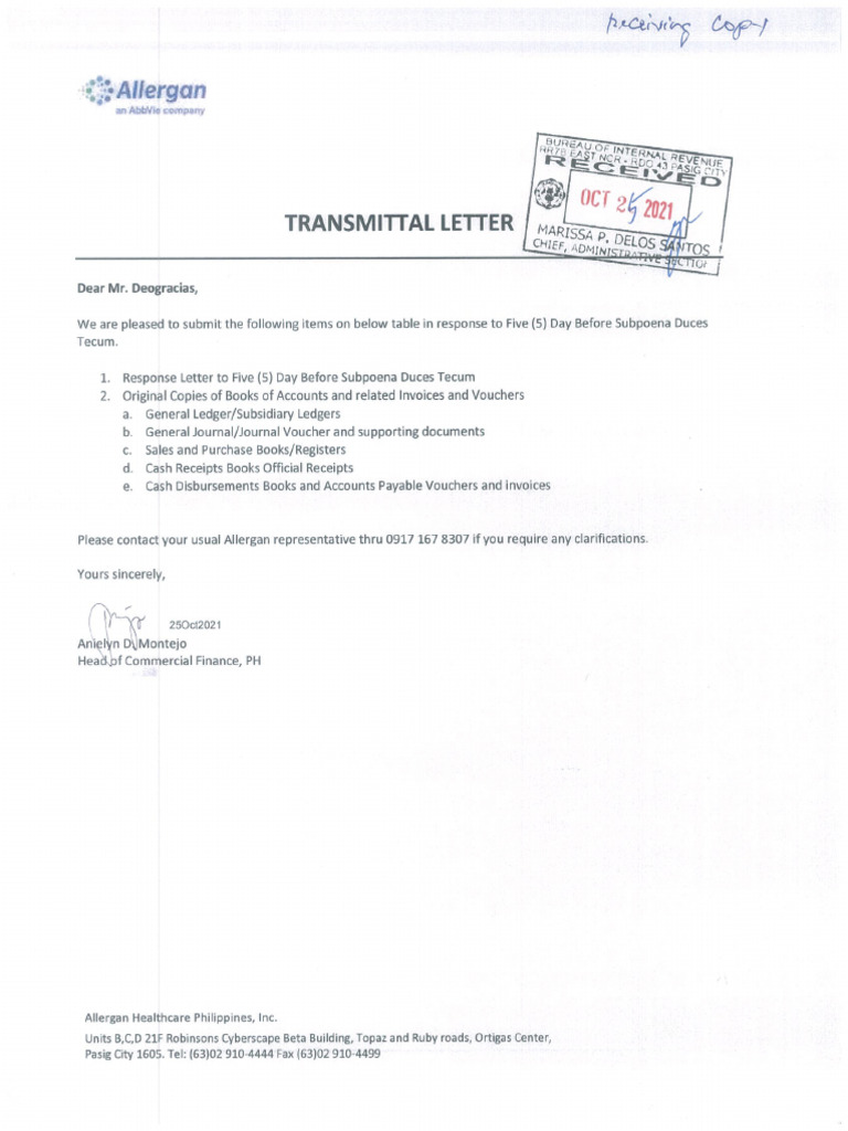 Transmittal Letter (Oct 2021) (BIR-received) | PDF