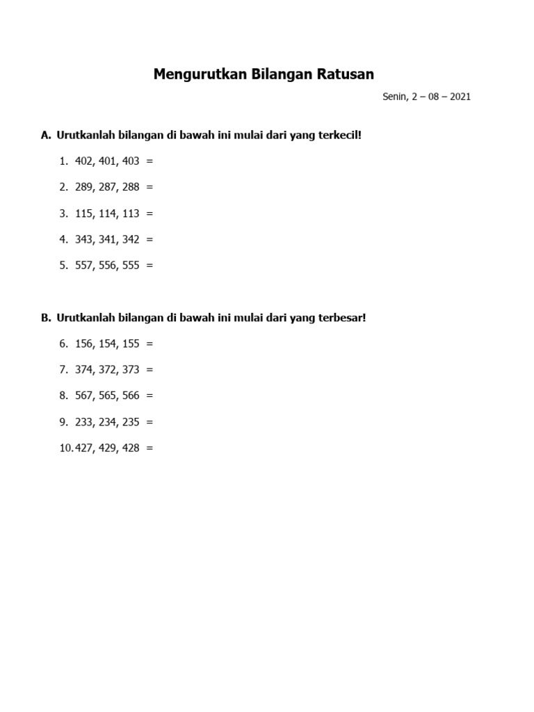 Latihan Mengurutkan Bilangan Ratusan | PDF