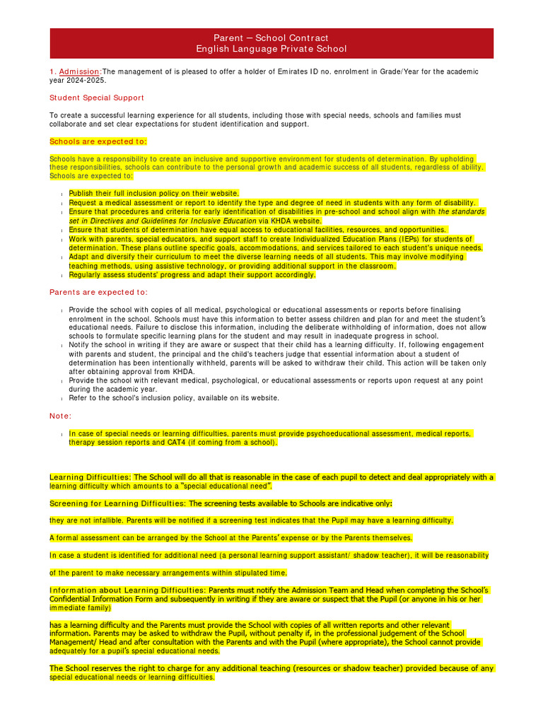 English Language Private School Parent Contract | PDF | Individualized ...