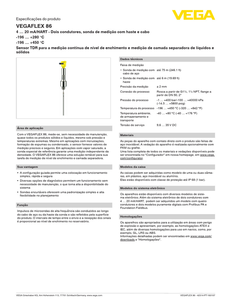 PT VEGAFLEX 86 4 20 Ma HART Two Wire Rod and Cable Probe 196 +280 °C ...