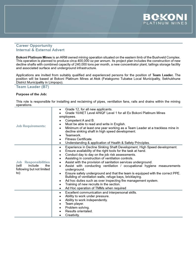 Bokoni Platinum Mine Team Leader Vacancy | PDF | Mining