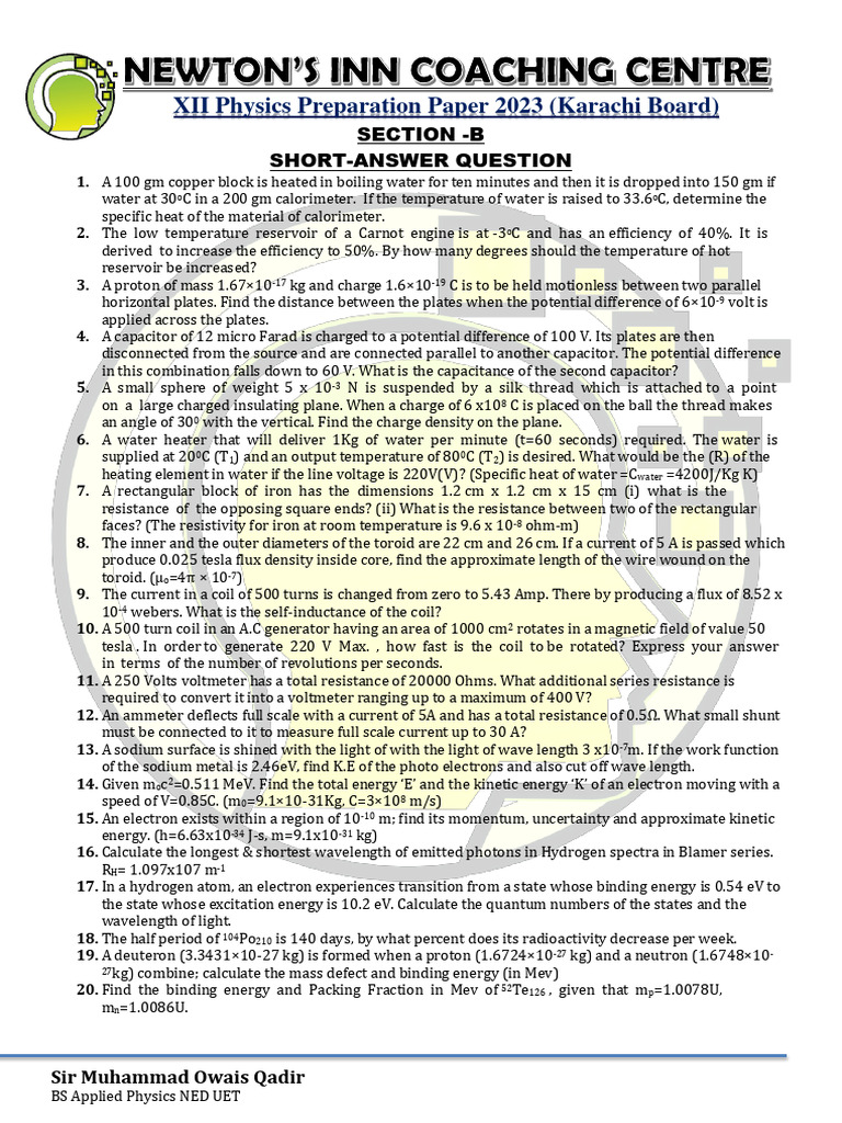 XII Physics Prep Paper 2023 Karachi | PDF | Electronvolt | Electron