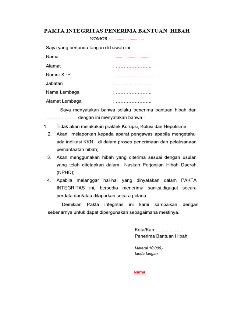 Pakta Integritas Penerima Bantuan Hibah | PDF